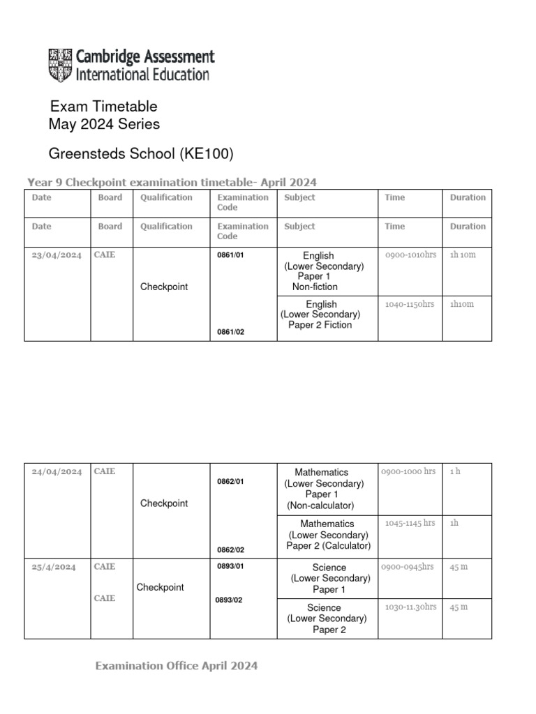 Year 9 Checkpoint Exam Timetable 2024 | PDF