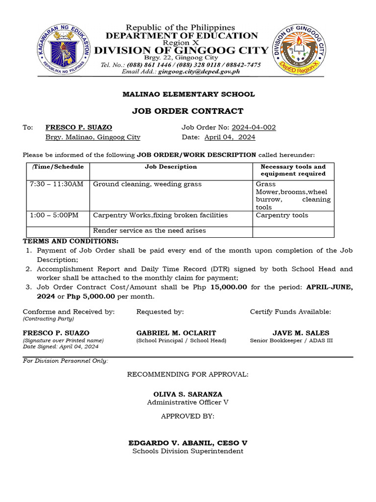 School-Job-Order-Contract - MALINAO ES | PDF