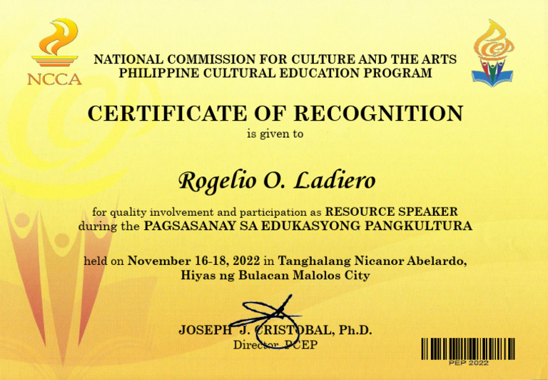 Pagsasanay Sa Edukasyong Pangkultura Certificate | PDF