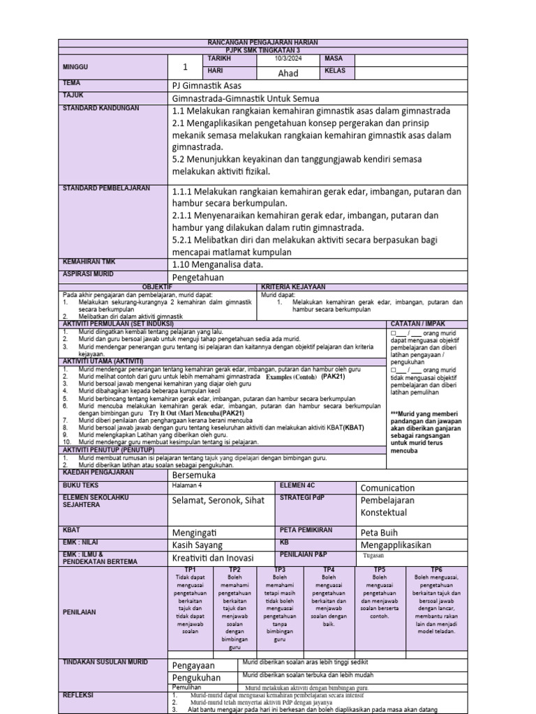 RPH SMK Minggu 1 PJPK Tingkatan 3 2024-2025 by Cikgu Gorgeous | PDF