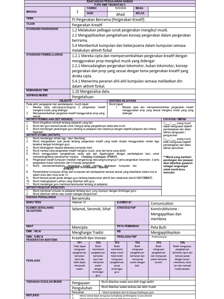 RPH SMK Minggu 2 PJPK Tingkatan 3 2024-2025 by Cikgu Gorgeous | PDF