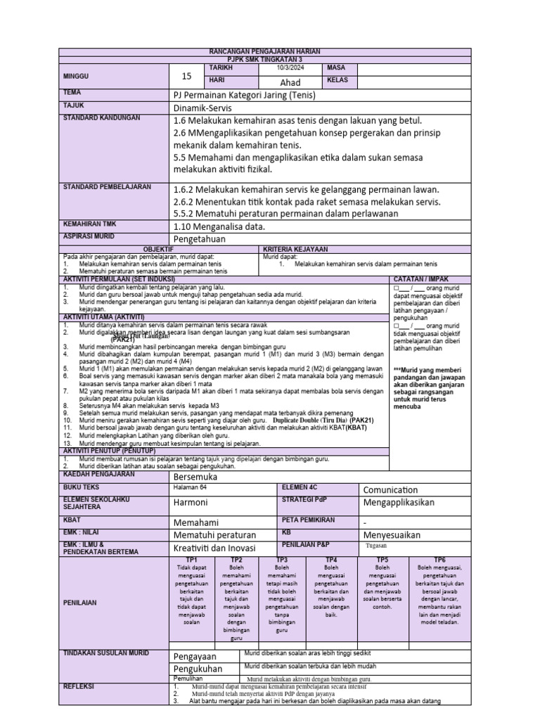 RPH SMK Minggu 15 PJPK Tingkatan 3 2024-2025 by Cikgu Gorgeous | PDF