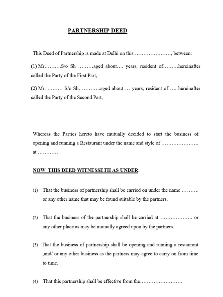 Partnership Deed Format | Download Free PDF | Partnership | Debits And ...