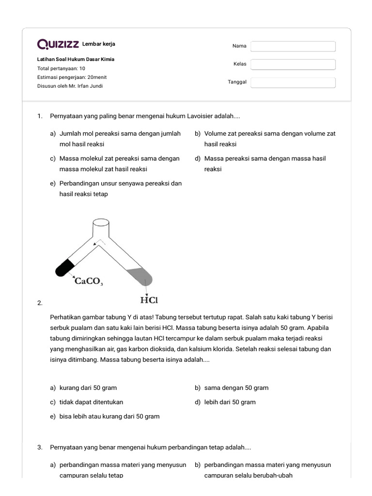 Latihan Soal Hukum Dasar Kimia - Quizizz | PDF