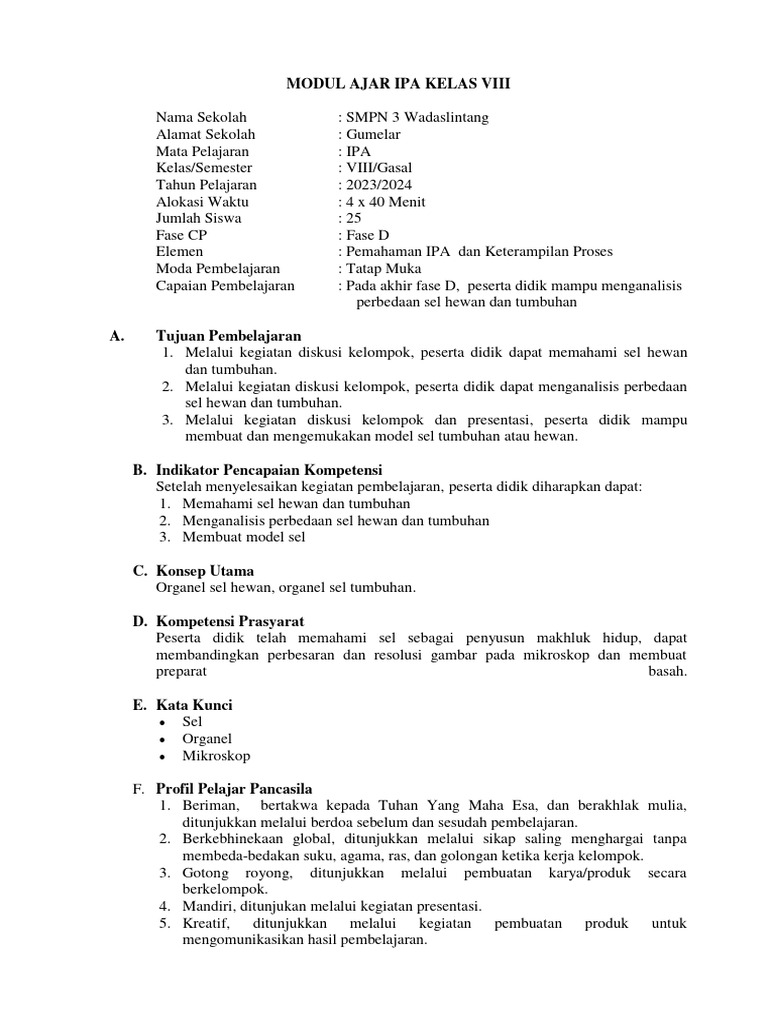 Modul Ajar - Sel Hewan Dan Sel Tumbuhan | PDF