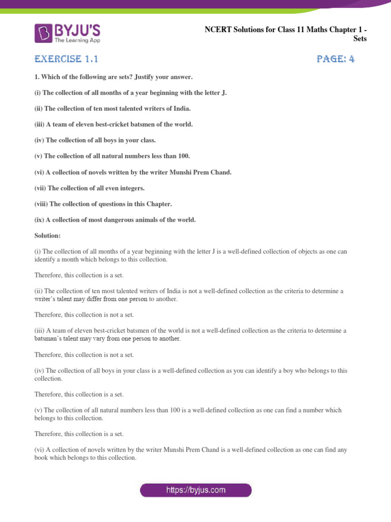 NCERT Solutions For Class 11 Maths Chapter 1 Sets Exercise 1.1 | Download Free PDF | Numbers ...