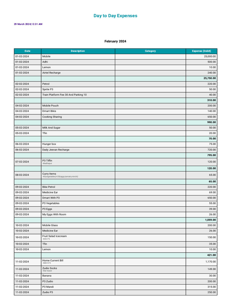 Day-To-Day Expenses Feb2024 | PDF | Foods | Cuisine