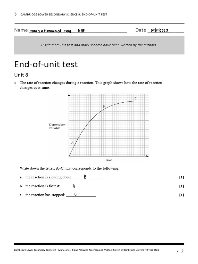 End-of-Unit Test for Science 9 | PDF | Reaction Rate | Chemical Reactions