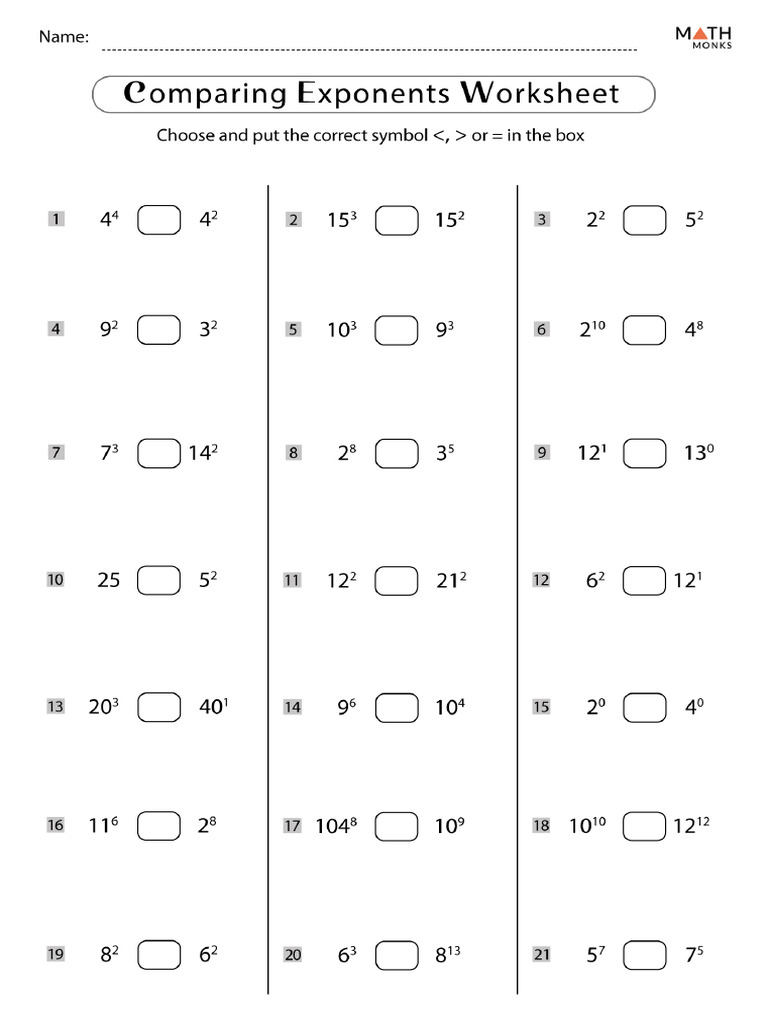 Comparing Exponents Worksheet | PDF