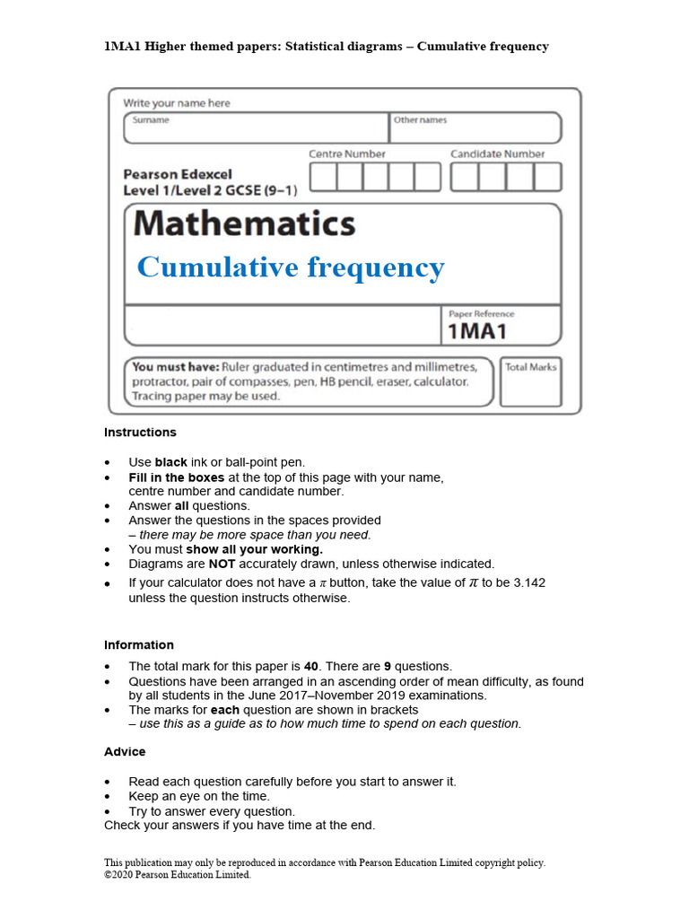 45a Statistical Diagrams Cumulative Frequency - H - Question Paper | PDF