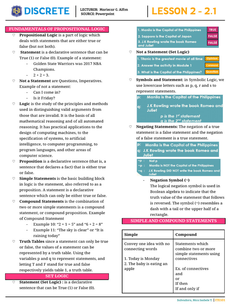 Discrete - Lesson 2 2.1 | PDF | Logic | If And Only If Discrete - Lesson 2 2.1 | PDF | Logic | If And Only If