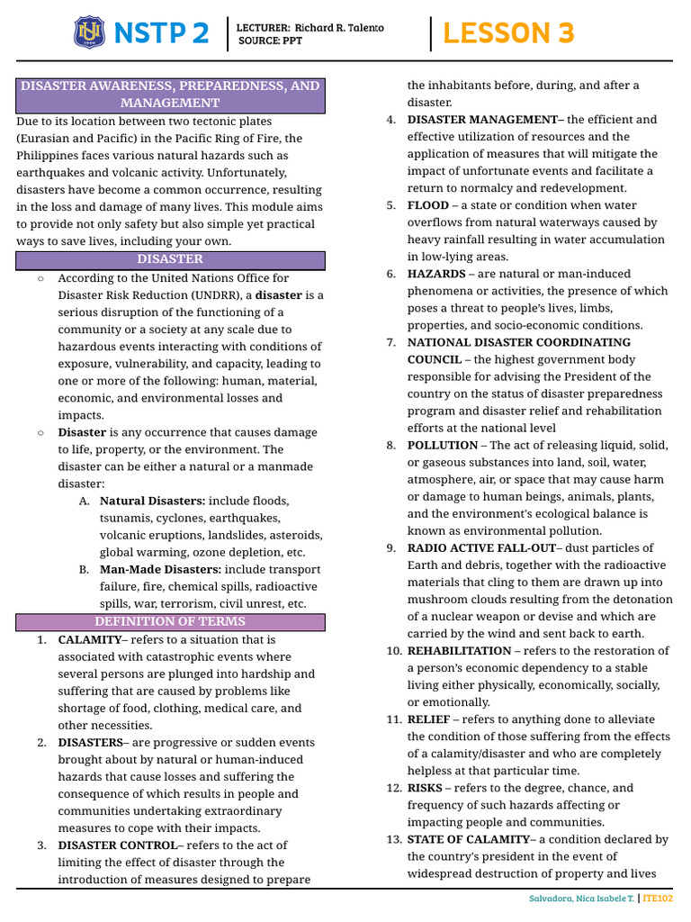 NSTP 2 - Lesson 3 | Download Free PDF | Natural Disasters | Emergency ...
