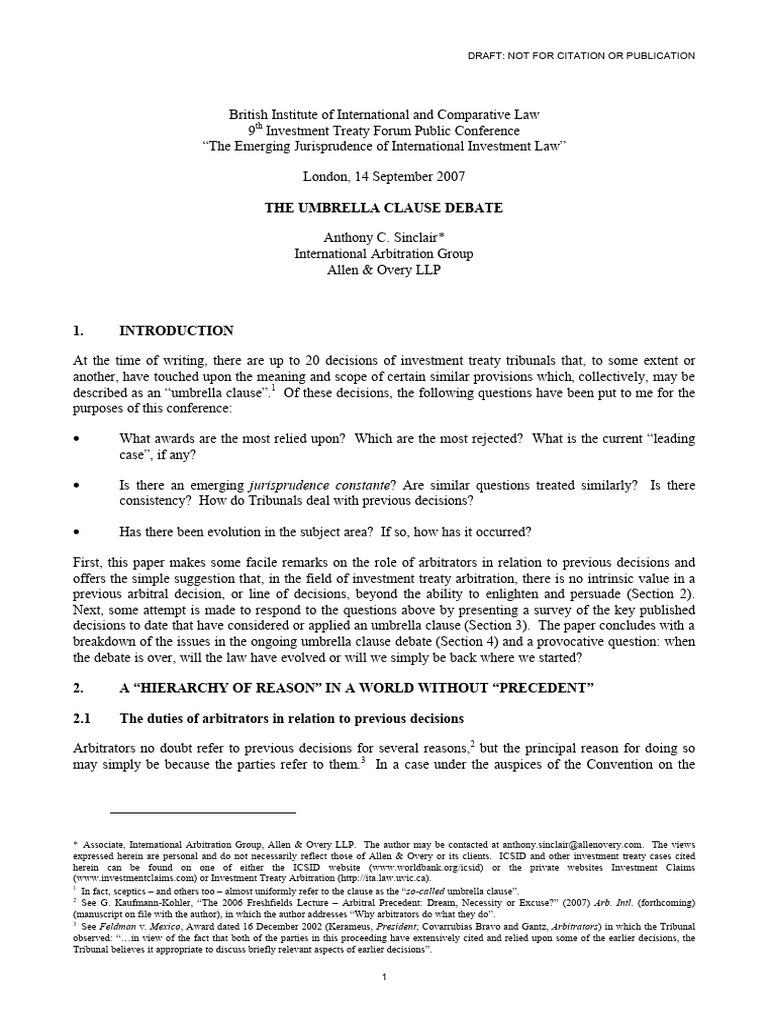 Understanding Umbrella Clauses in Arbitration | PDF | Precedent | Treaty
