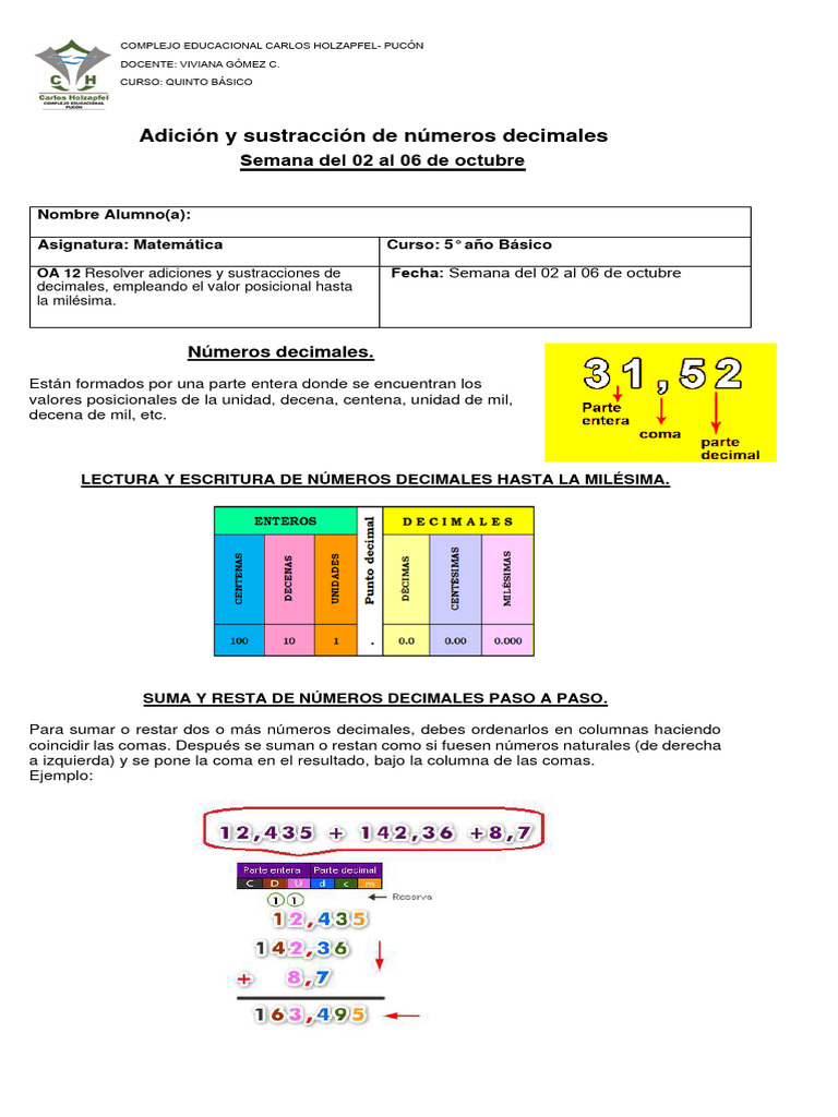 Suma y Resta de #Decimales 5° Basico | PDF
