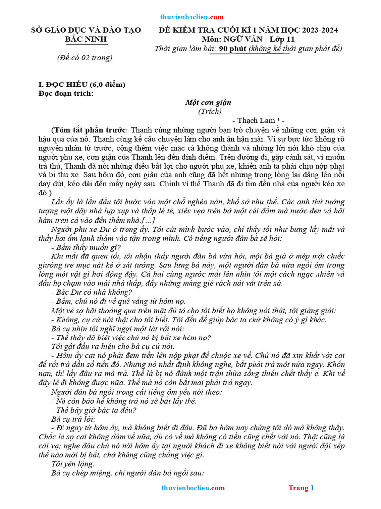 De Thi HK1 Ngu Van 11 Bac Ninh 23 24 | PDF