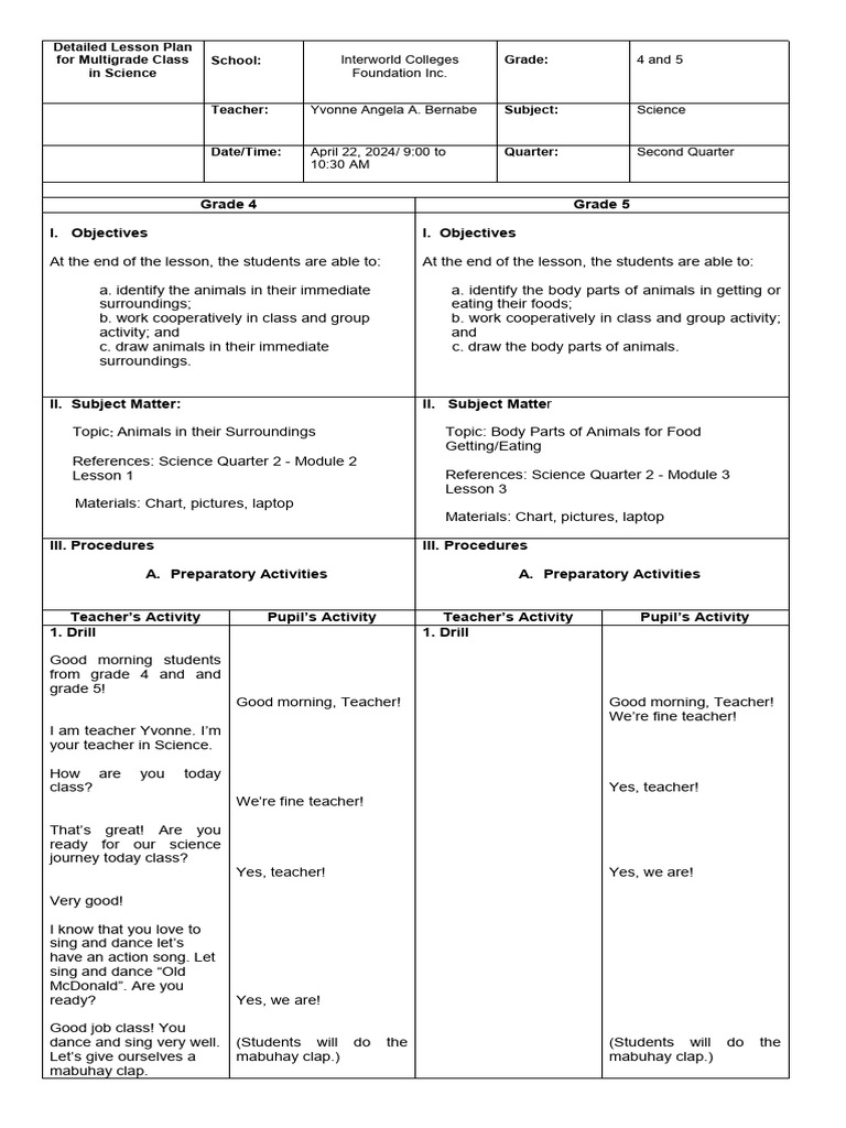 Detailed Lesson Plan for Multigrade Class in Science Grade 4 and 5 ...