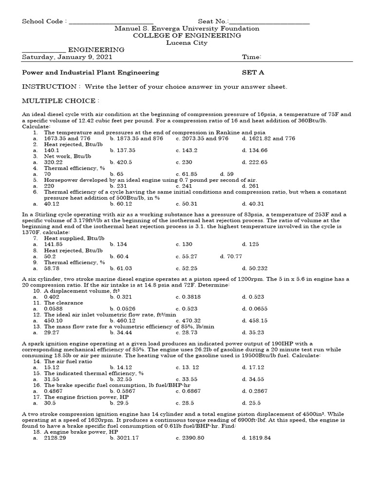 Power and Industrial Plant Engineering Exam | PDF | Gas Turbine | Engines