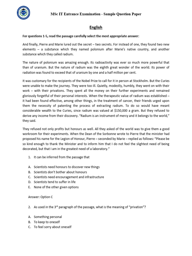 MSc-IT Entrance Examination Sample Paper | PDF | Function (Mathematics) | Marie Curie