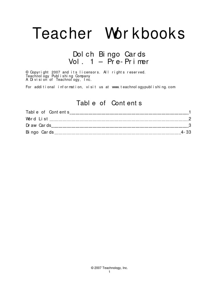 Teacher Workbooks - Dolch Bingo Card, Vol 1 - Pre-Primer | PDF ...
