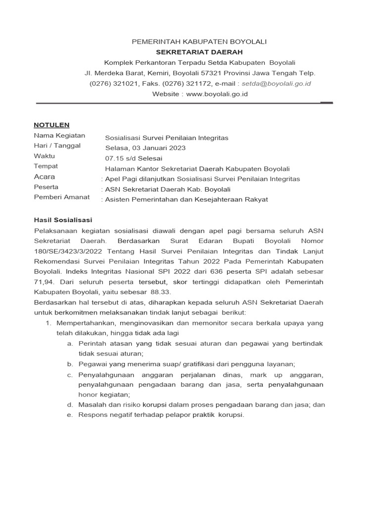 Notulen Sosialisasi Spi Setda - Umum Setda | PDF | Bisnis