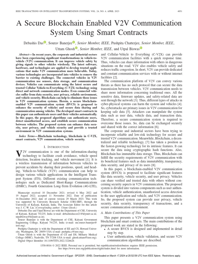 A Secure Blockchain Enabled V2V Communication System Using Smart ...