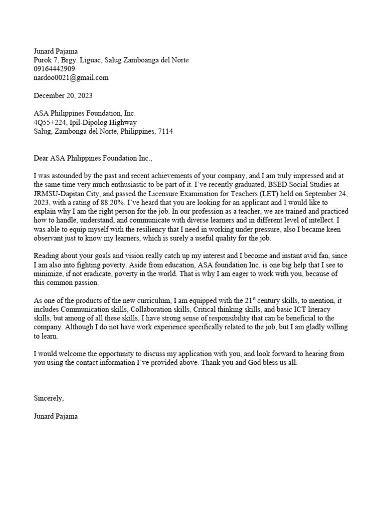 ASA Application Letter - Junard | PDF | Career & Growth