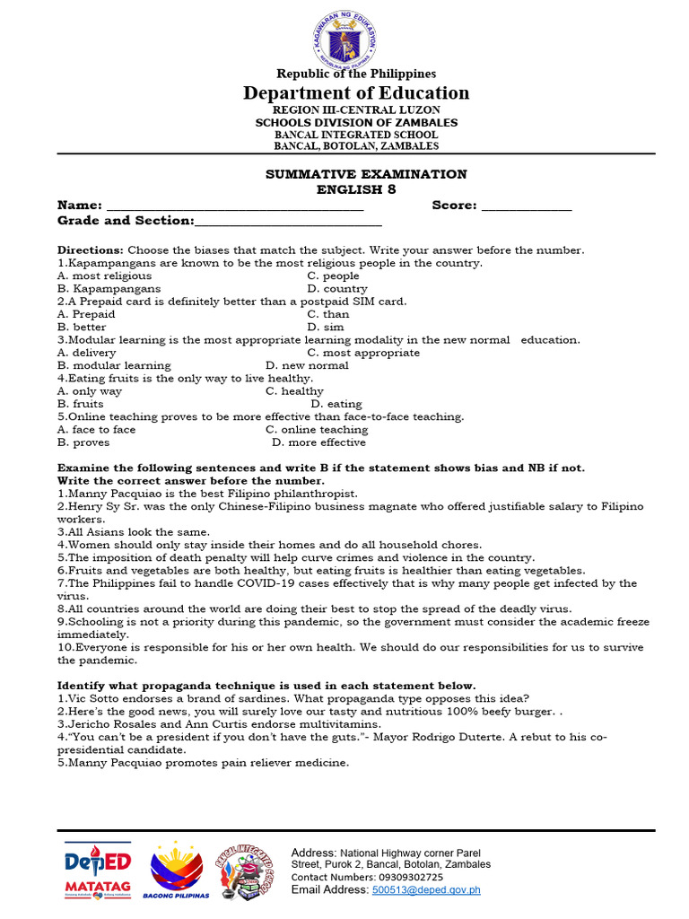 Summative English 8 Quarter 3 | PDF