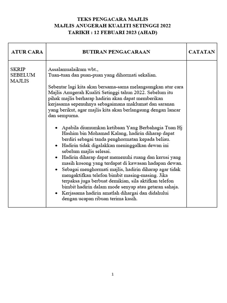 2023 Teks MC Majlis Anugerah Kualiti Setinggi | PDF