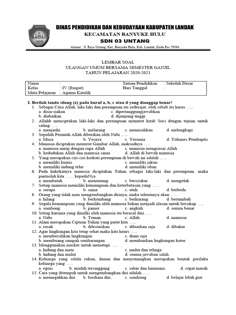 Soal PAS Kls 4 Agama Katolik SDN Untang | PDF