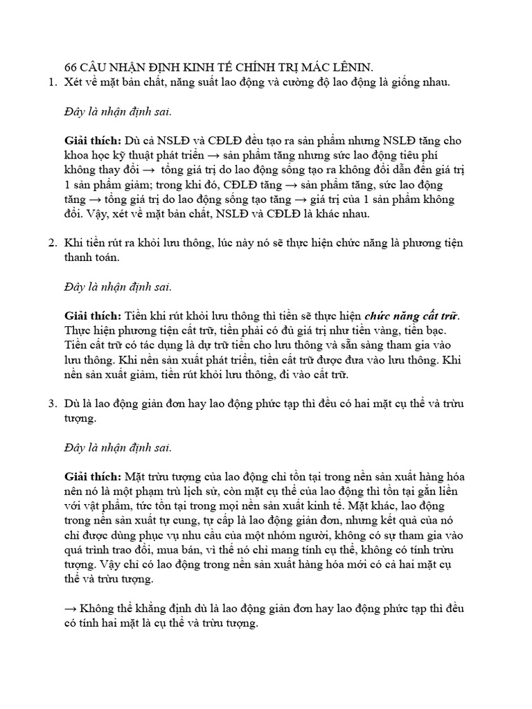 66 Câu Nhận Định Ktctml | PDF