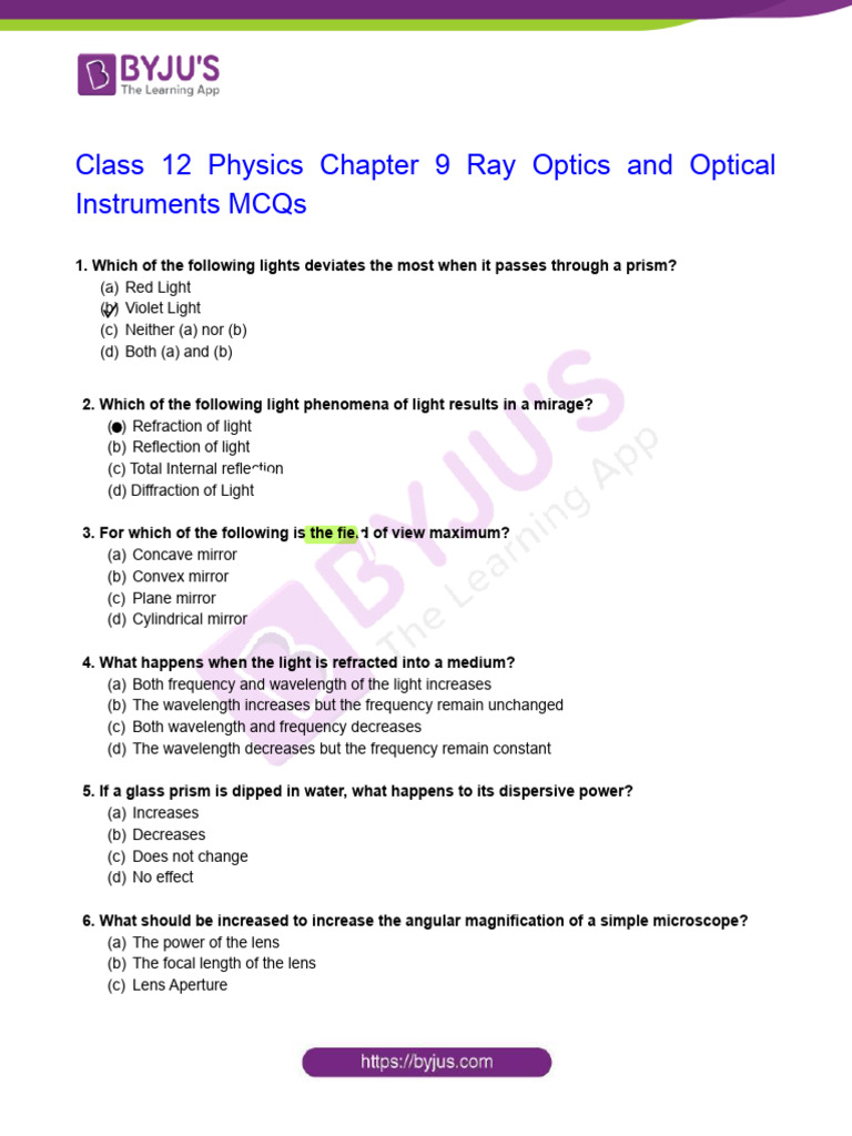 Chapter-9-Ray-Optics-and-Optical-Instruments-MCQs | PDF