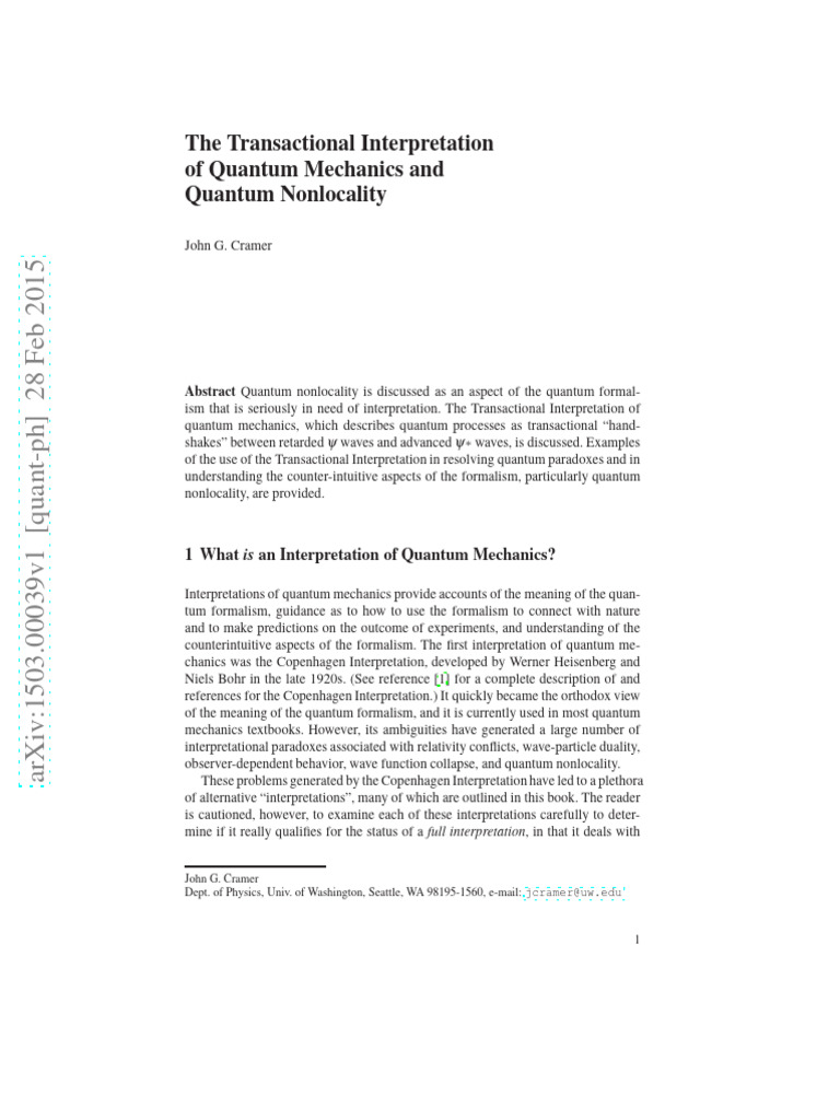The Transactional Interpretation of Quantum Mechanics Etc Cramer | Download Free PDF | Quantum ...