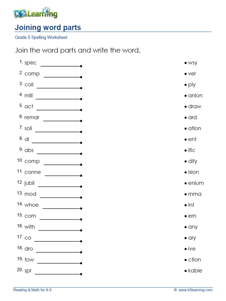 Grade 5 Joining Word Parts Worksheet | PDF