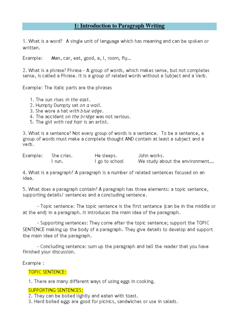 Introduction To Paragraph Writing | PDF | Subject (Grammar) | Sentence ...
