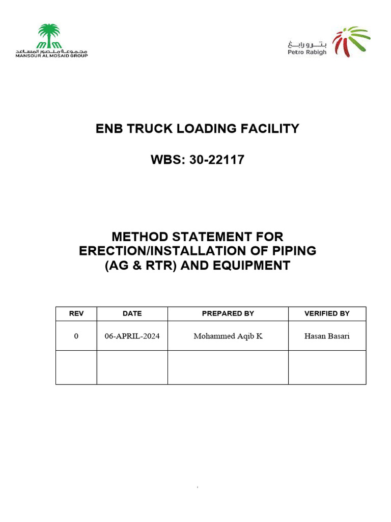 Method Statement - Installation of Piping (AG & RTR) and Equipments (Pump & Loading Arm) | PDF ...