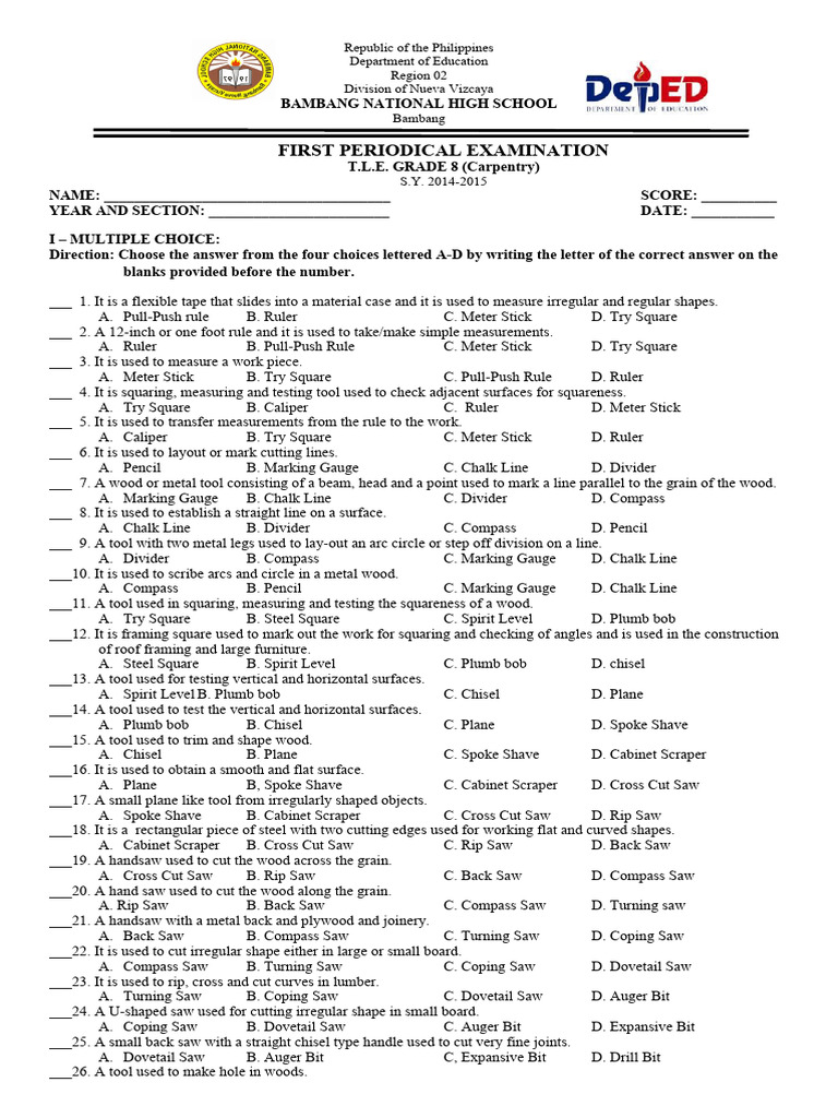 BNHS First Periodical Test in Tle Grade 8 Carpentry 2014-2015 | PDF ...