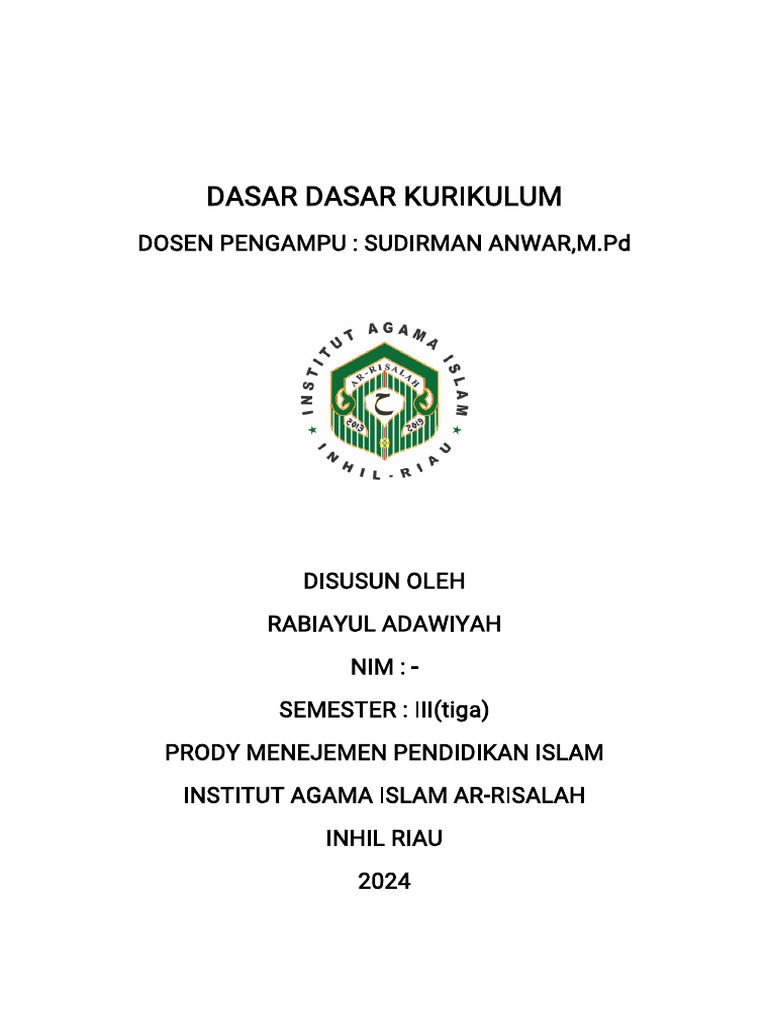 Dasar Dasar Kurikulum Rabiatul Adawiyah-1 | PDF