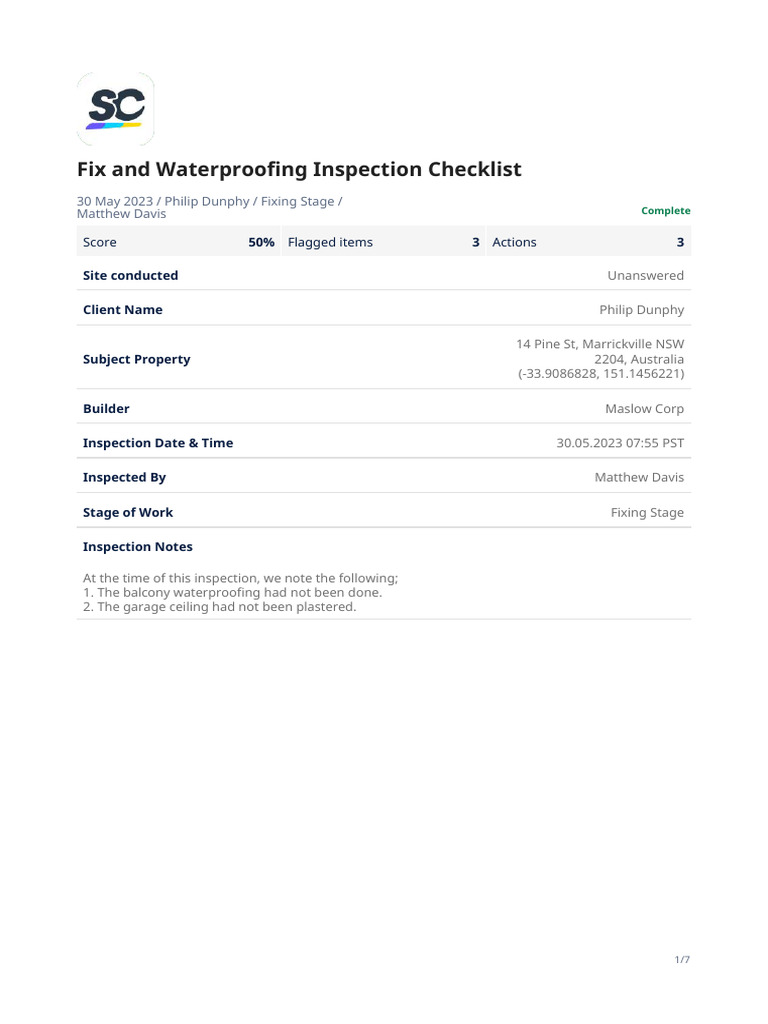 Waterproofing Inspection Checklist | PDF