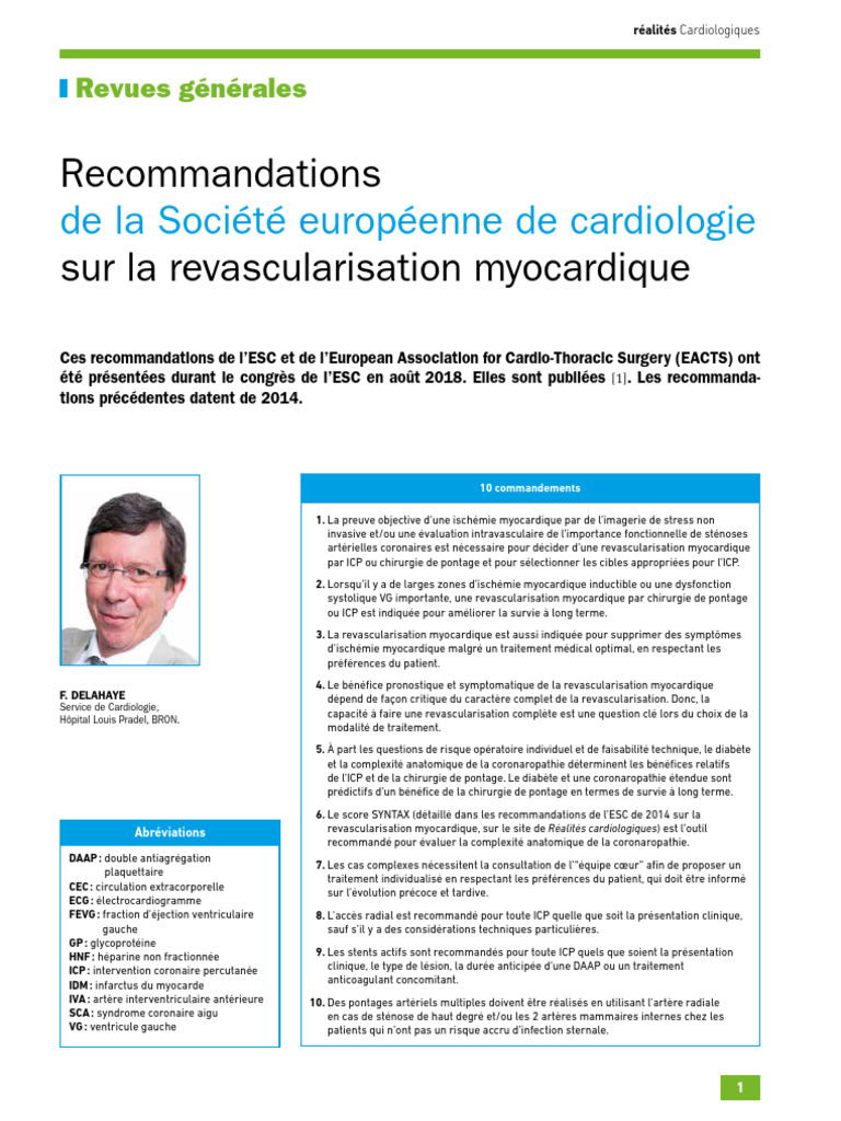 Recommandations ESC 2018 sur la Revascularisation Myocardique | PDF ...