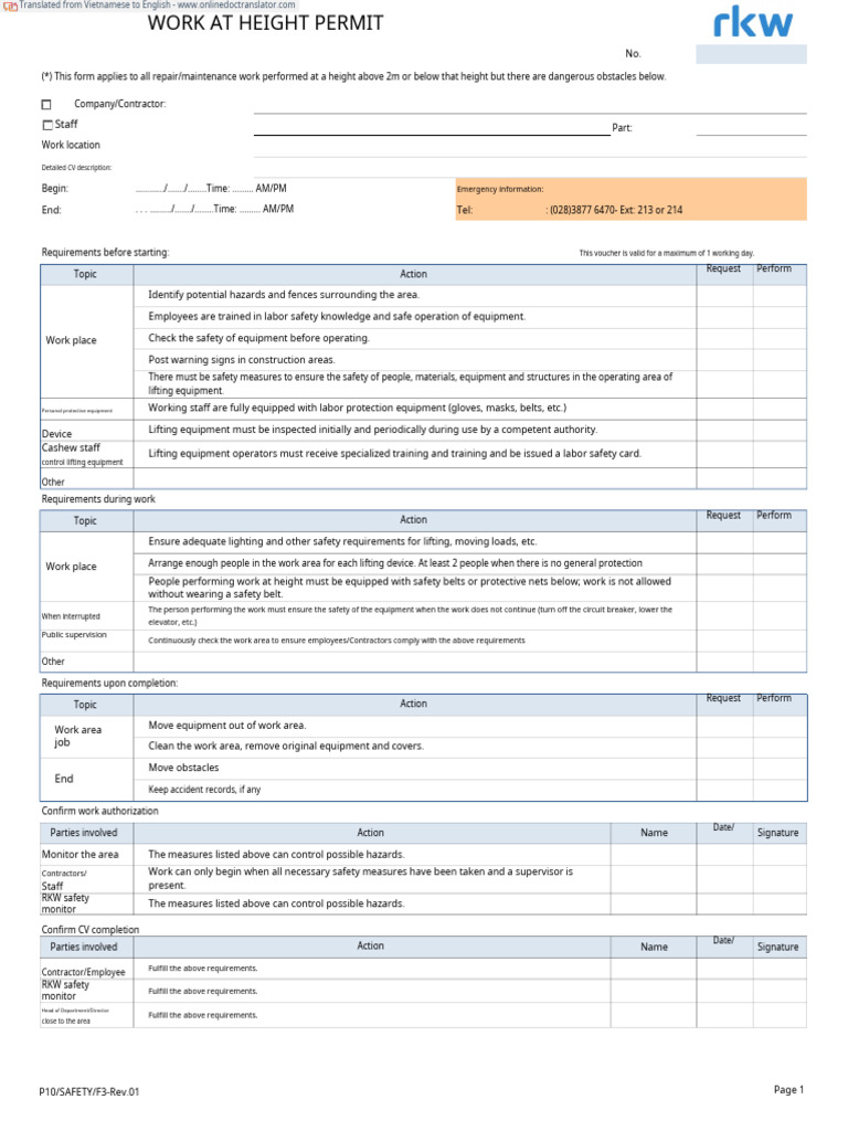 Work at Height Safety Permit Template | PDF | Occupational Safety And ...