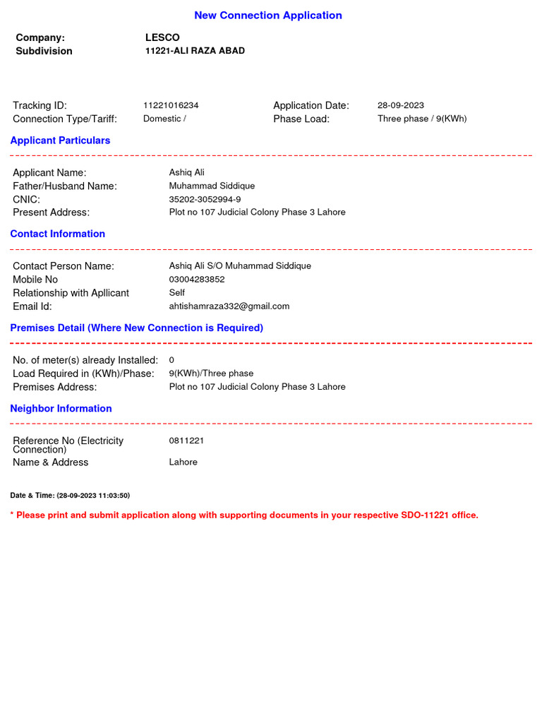 LESCO New Connection Application Details | PDF