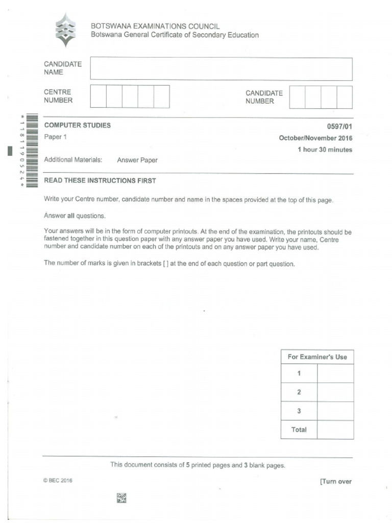 Bgcse 2016 Paper 1 CS | PDF