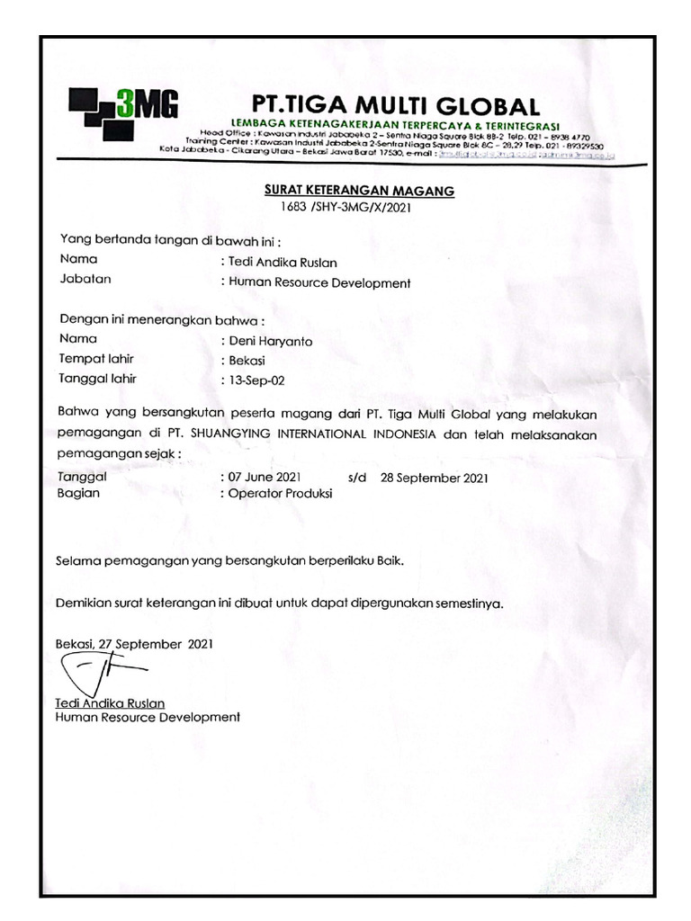 Certificate Magang Deni | PDF