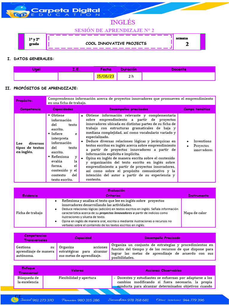 1° y 2° SESIÓN DE APRENDIZAJE SESIÓN 2-SEM.2-EXP.5-INGLÉS | PDF | Aprendizaje | Ciencia cognitiva