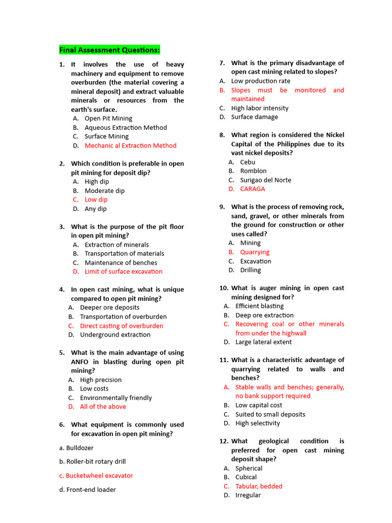 Final Assessment Questions | PDF | Mining | Coal Mining