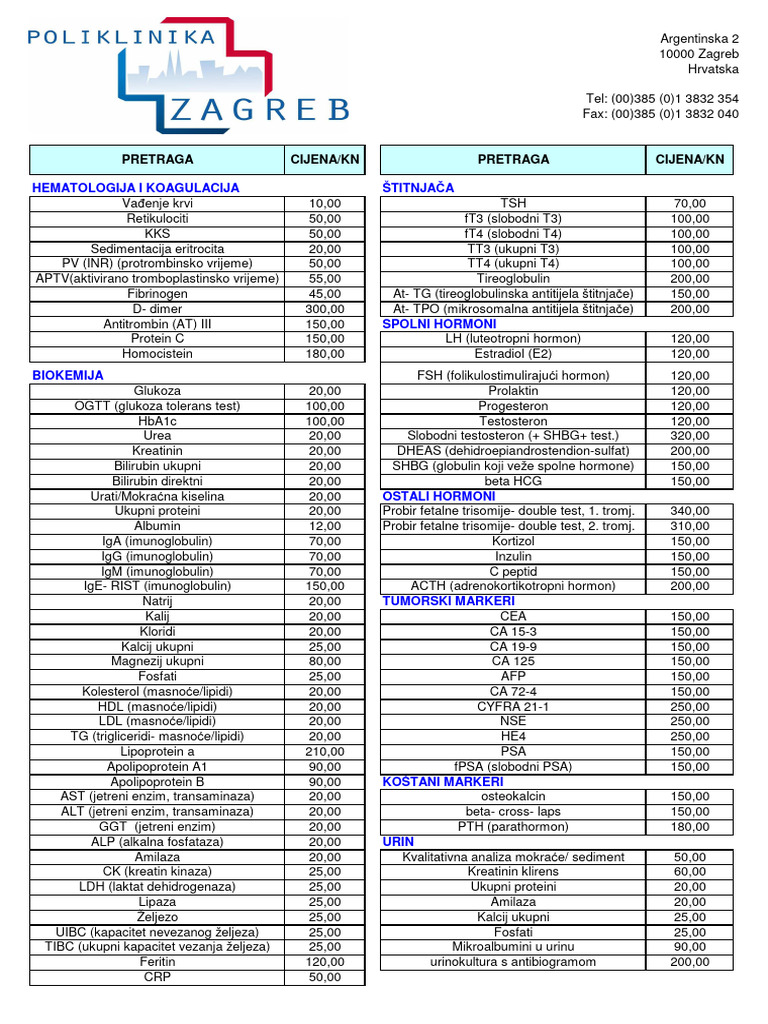 Poliklinika Zagreb - Cjenik Laboratorij | PDF