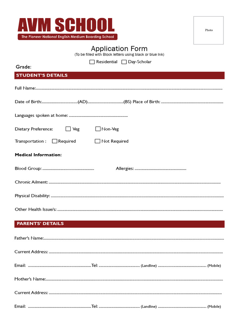 AVM School Admission Form | PDF | Diseases And Disorders | Health Care