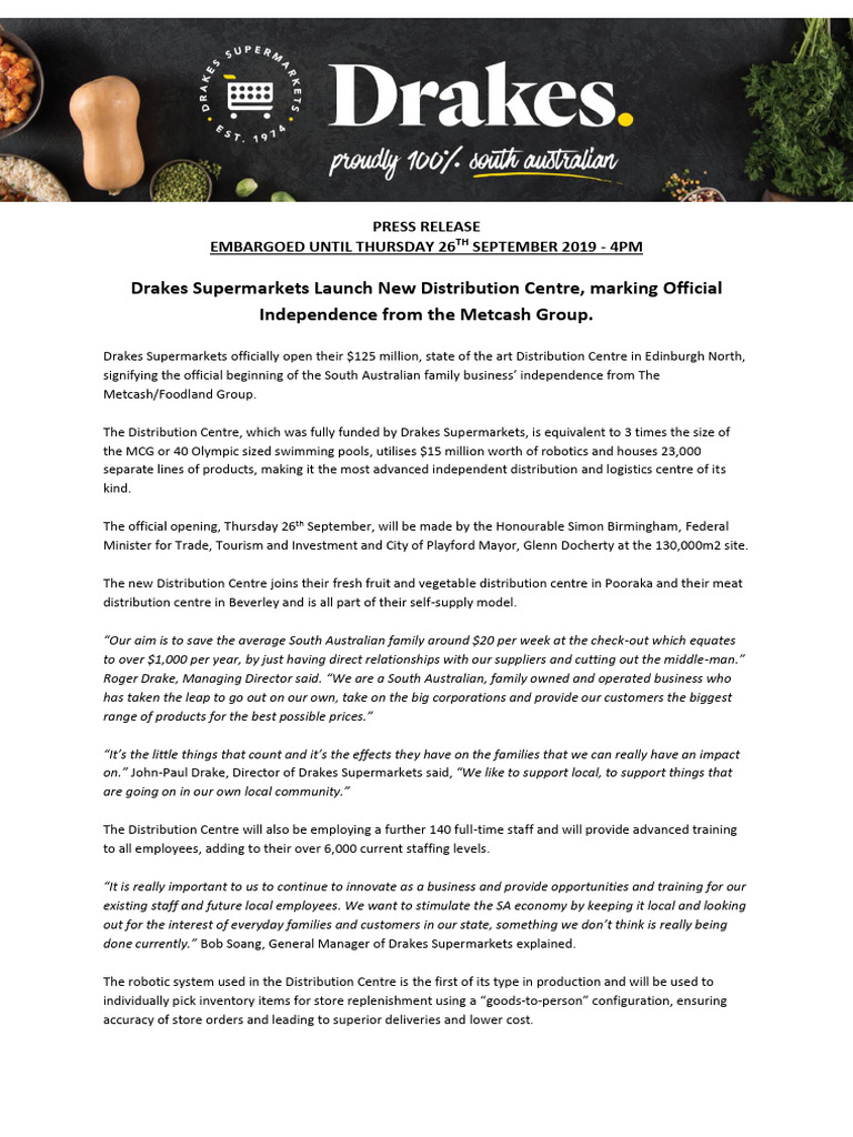 Drakes Supermarkets Opens New Distribution Centre | PDF | Economies