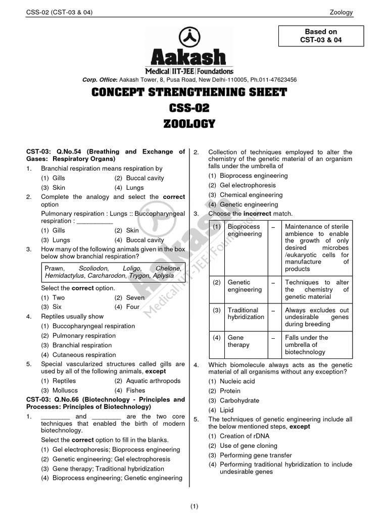 Concept Strengthening Sheet CSS 02 Based On CST 03 & 04 Code A Zoology | PDF | Birth Control ...
