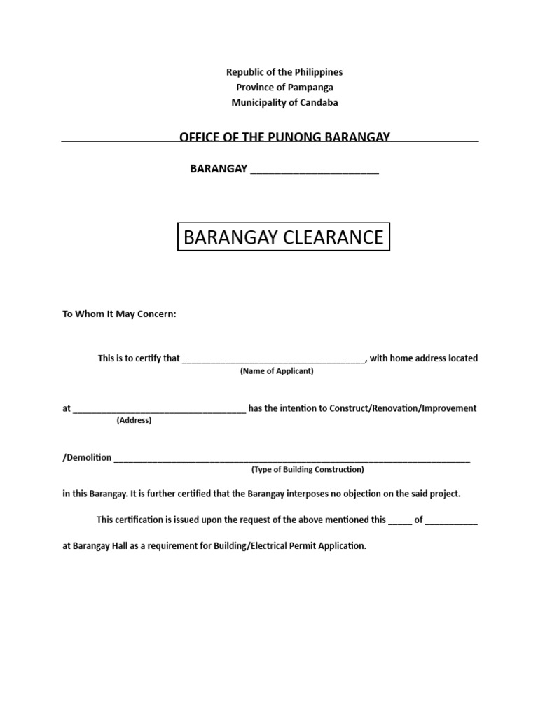Barangay Construction Clearance | PDF